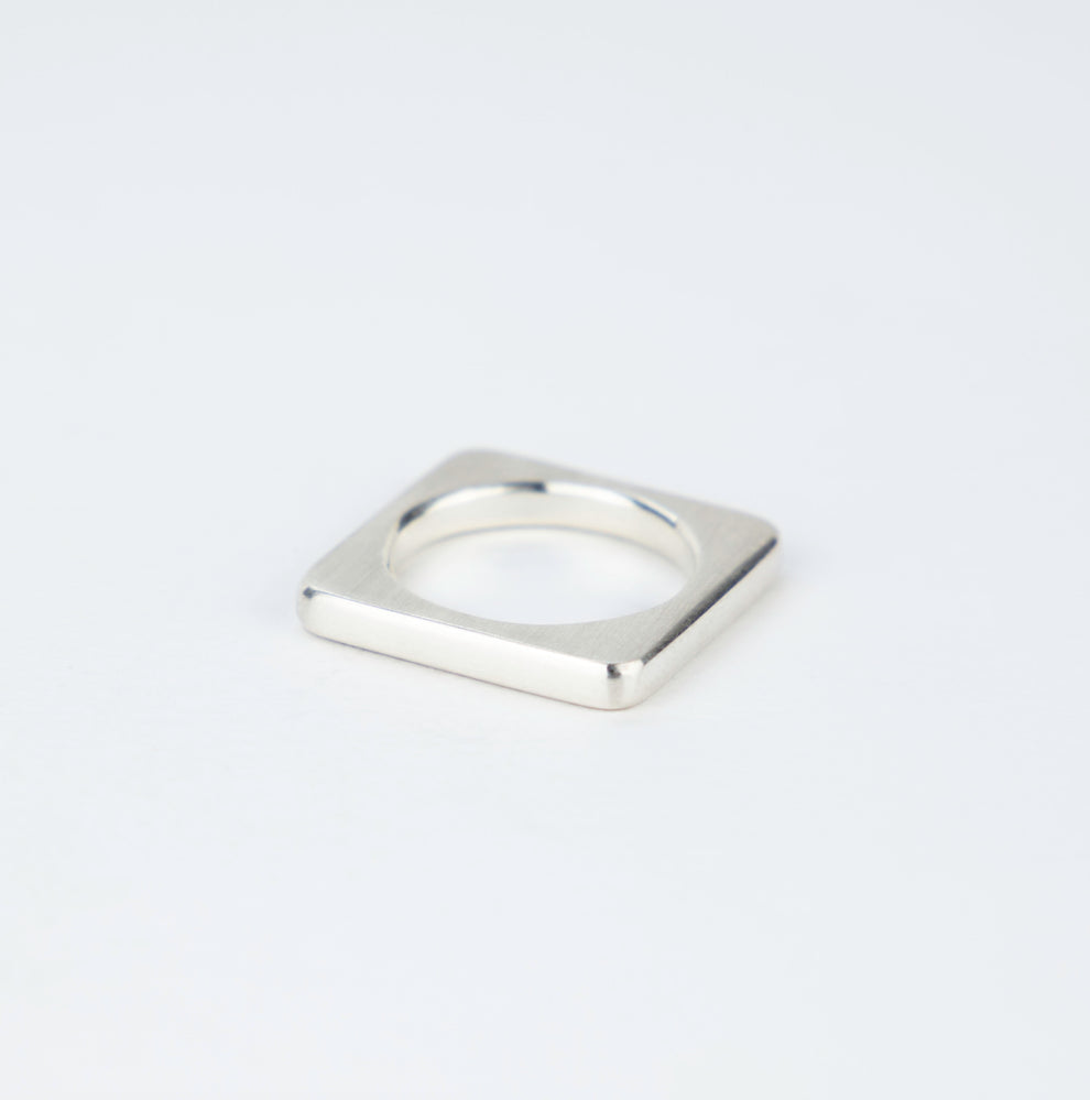Modern square ring in heavy silver.
